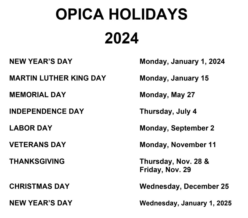 OPICA Holidays – OPICA Adult Day Care Program & Counseling Center