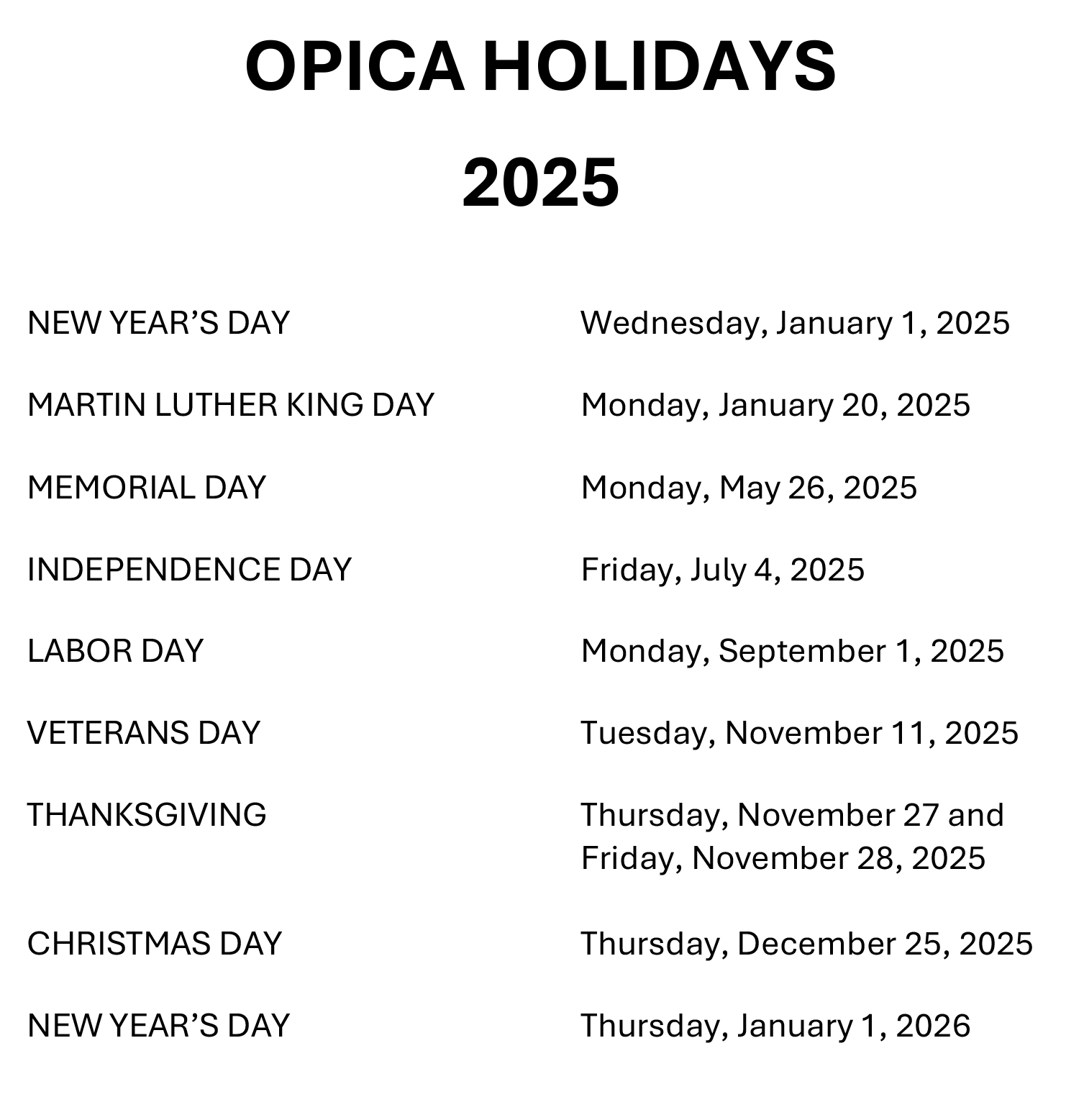 OPICA Holidays – OPICA Adult Day Care Program & Counseling Center