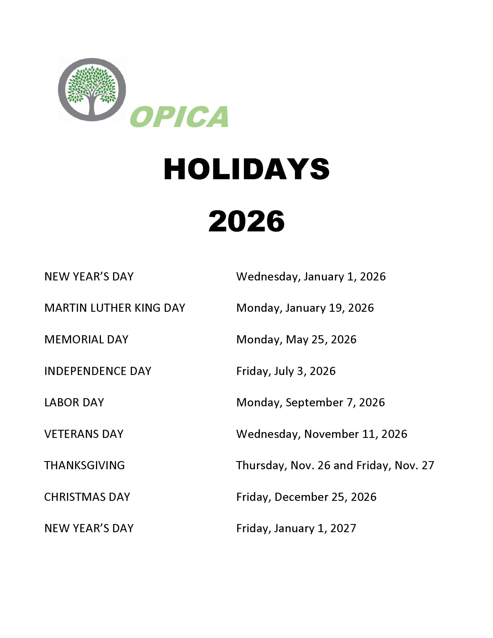 OPICA Holidays – OPICA Adult Day Care Program & Counseling Center